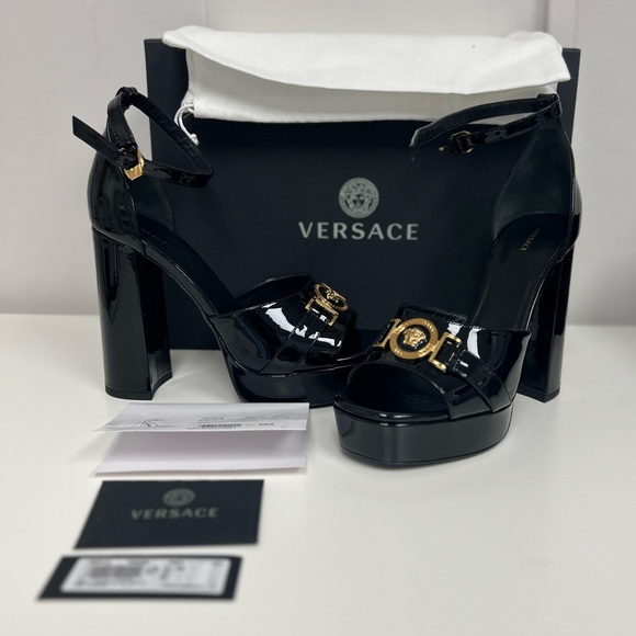 Versace | Shoes | Versace Patent Leather Platform Sandal With Gold ...